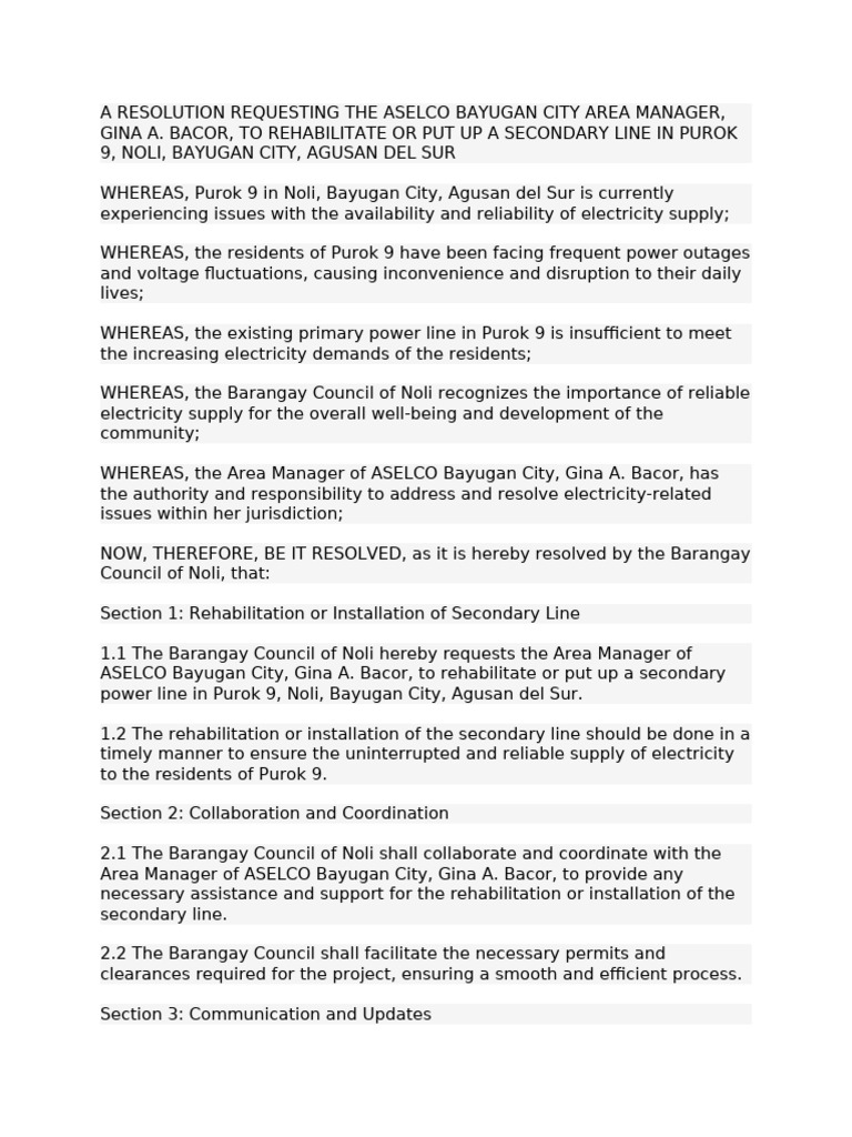 A Resolution Requesting The Aselco Bayugan City Area Manager 2 | PDF | Power (Physics) | Electricity