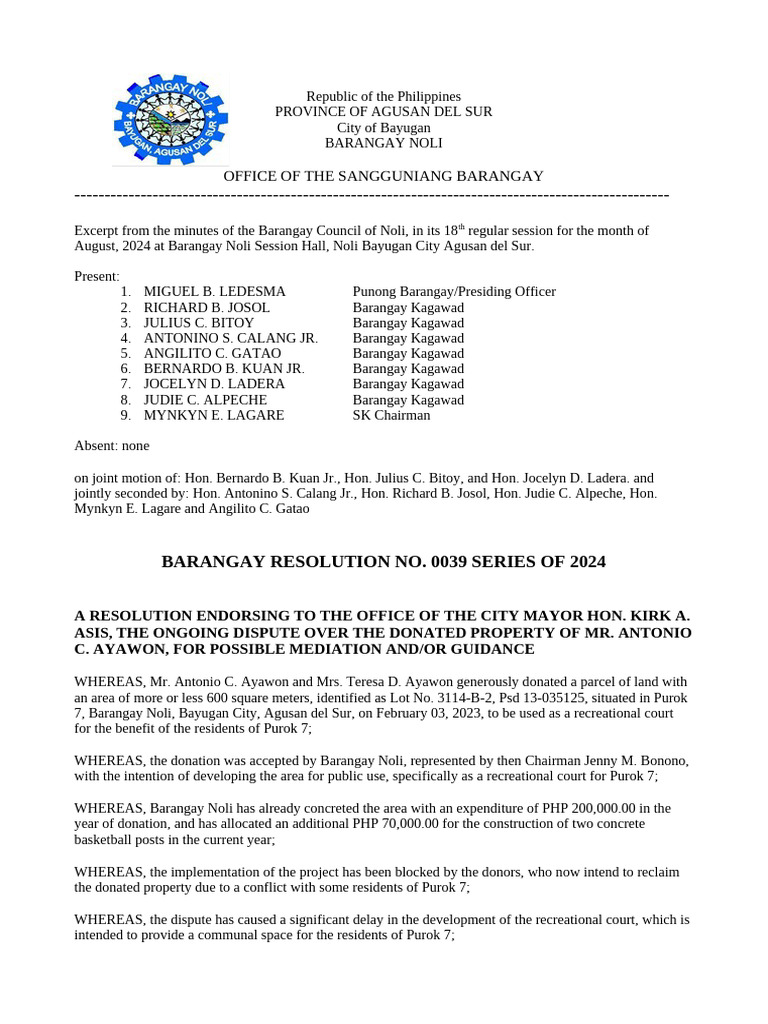 Barangay Noli Property Dispute Resolution | PDF