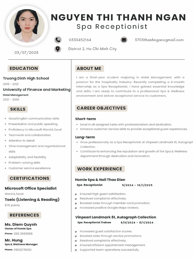 Nguyen Thi Thanh Ngan - Spa Receptionist | PDF