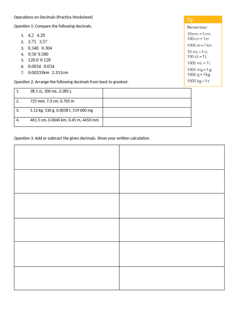 Decimal Operations Practice Worksheet | PDF