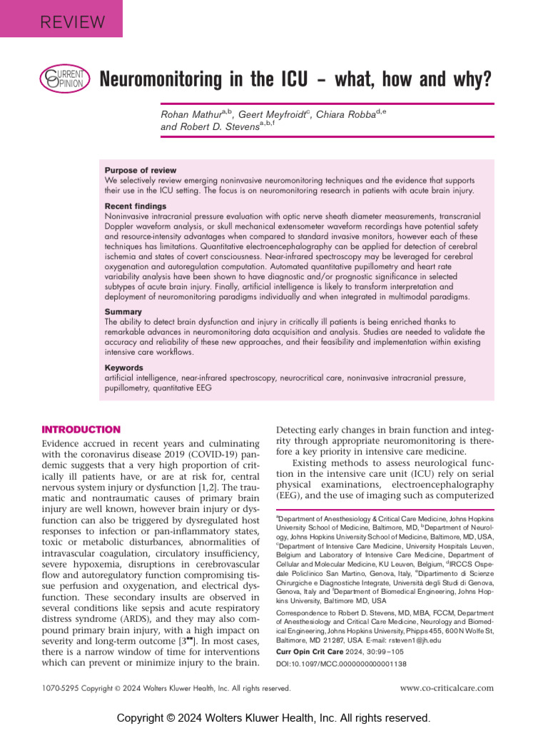 Neuromonitoring in The Icu What, How and Why .3 | PDF | Traumatic Brain ...