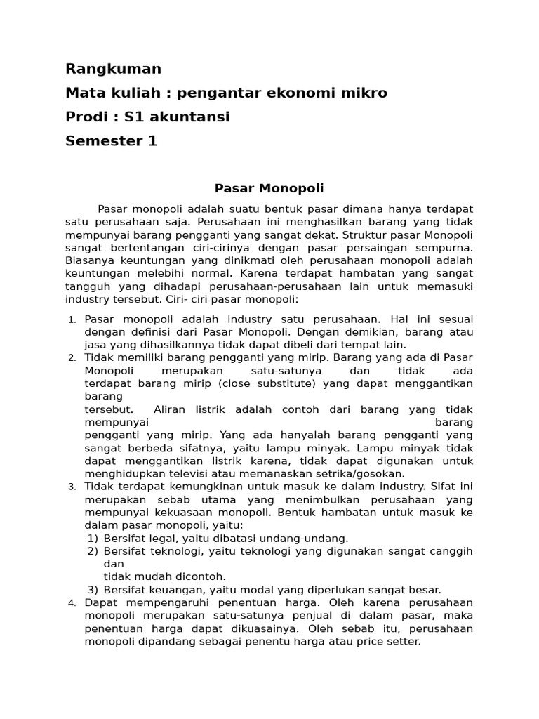 Rangkuman Matkul PEM Materi Pasar Monopoli | PDF