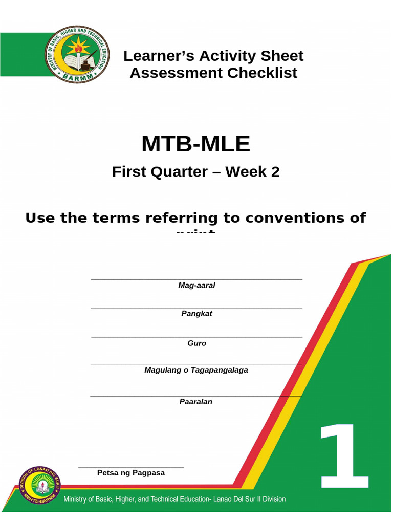 Mtb-Mle: Learner's Activity Sheet Assessment Checklist | PDF