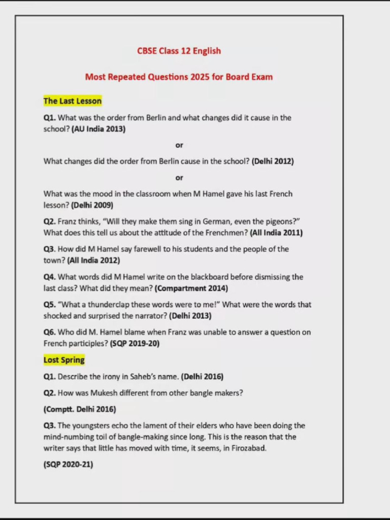 CBSE Class 12 English Exam Questions 2025 | PDF