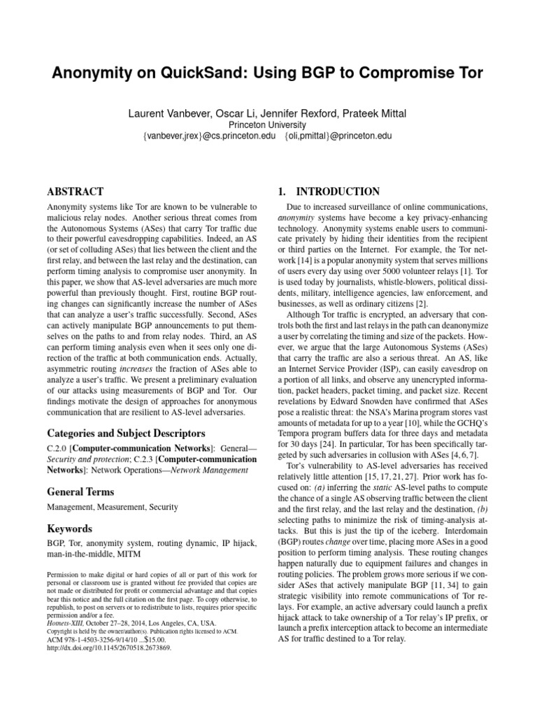 Anonymity On Quicksand - Using BGP To Compromise Tor (Laurent Vanbever, Oscar Li, Et. Al.) (2014 ...