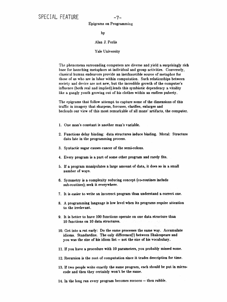 Epigrams On Programming (Alan J. Perlis) (1982) | PDF | Computer Programming | Programming Language