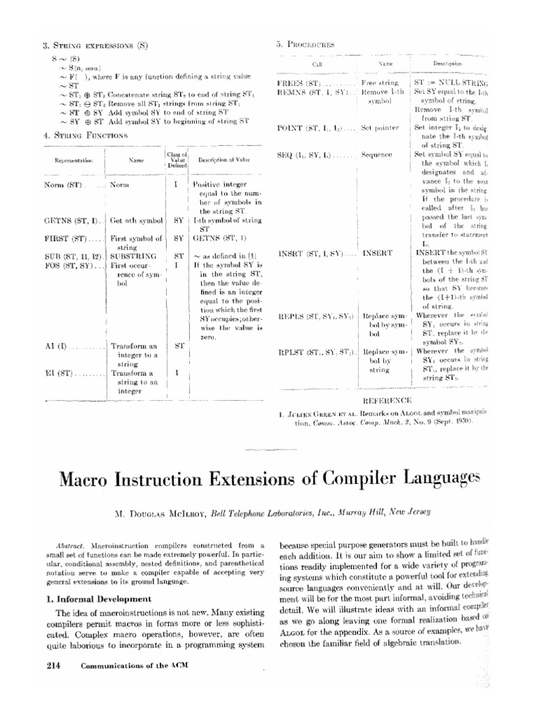 Macro Instruction Extensions of Compiler Languages (Douglas McIlroy ...