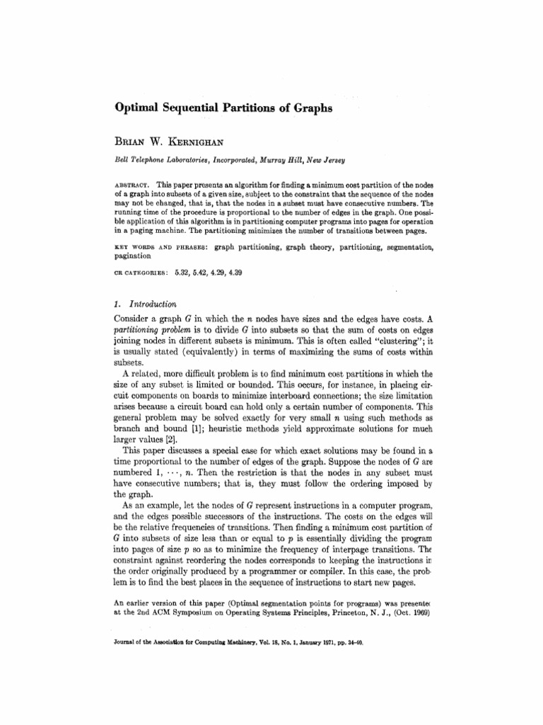 Optimal Sequential Partitions of Graphs (Brian W. Kernighan) (1971 ...