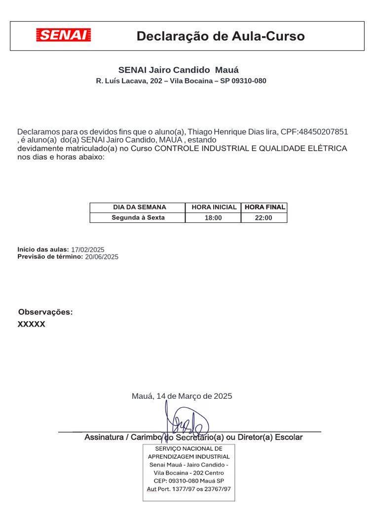 Declaracao Senai | PDF