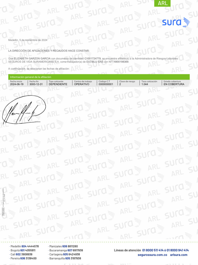 Certificado ARL Sura 2024 - Elizabeth Garzón | PDF
