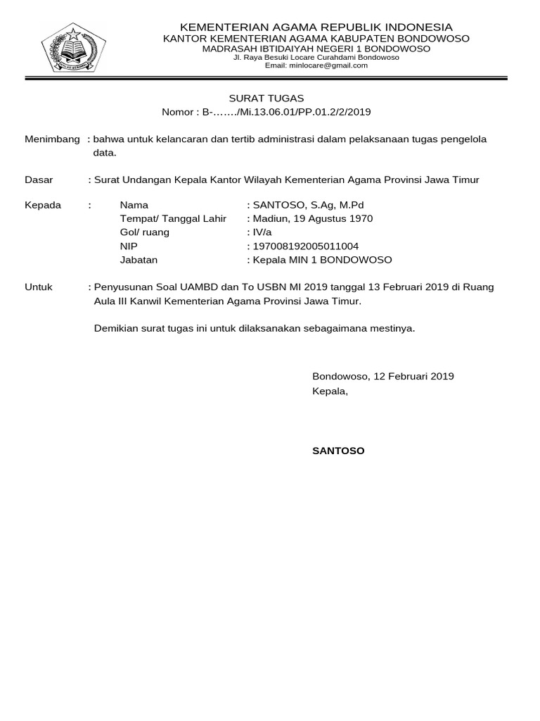 Surat Tugas Santoso 2019 penyusunan soal UAMBD | PDF
