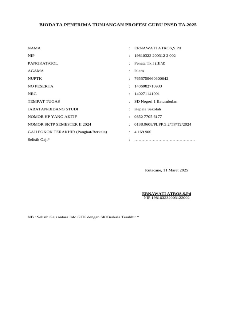 Biodata Penerima Tunjangan Profesi Guru PNSD Ta | PDF