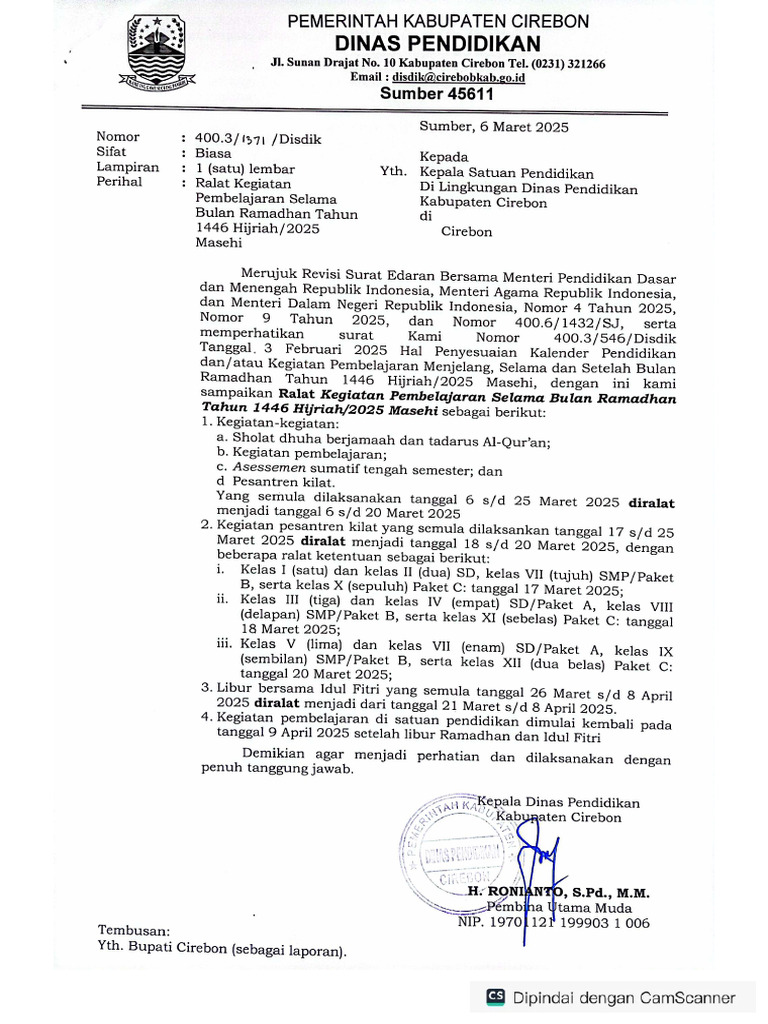Ralat Kegiatan Pembelajaran Selama Bulan Ramadhan Tahun 1446 Hijriah2025 Masehi | PDF
