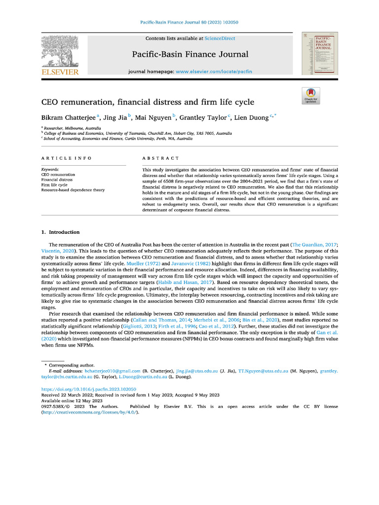 CEO Remuneration, Financial Distress and Firm Life Cycle A4 | PDF