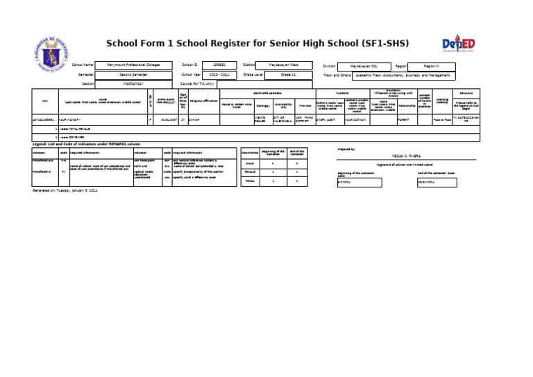 School Form 1 SF 1 GR11 SY2023 2024 1st ABM | PDF
