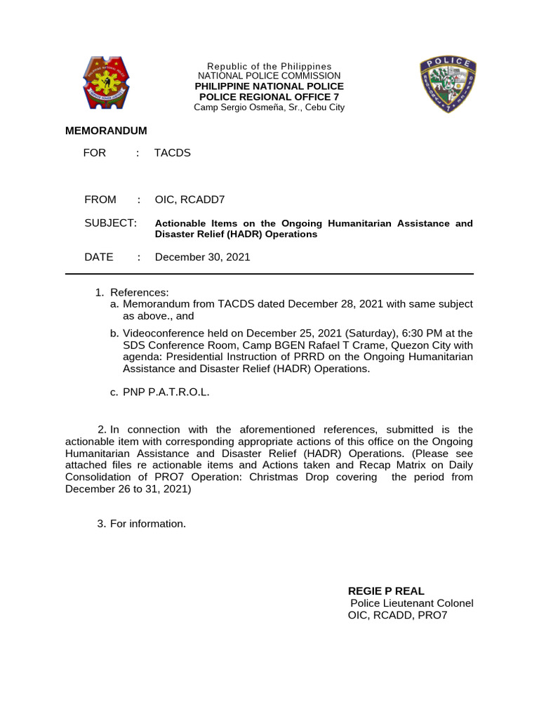 Actionable Items On The Ongoing Humanitarian Assistance and Disaster ...