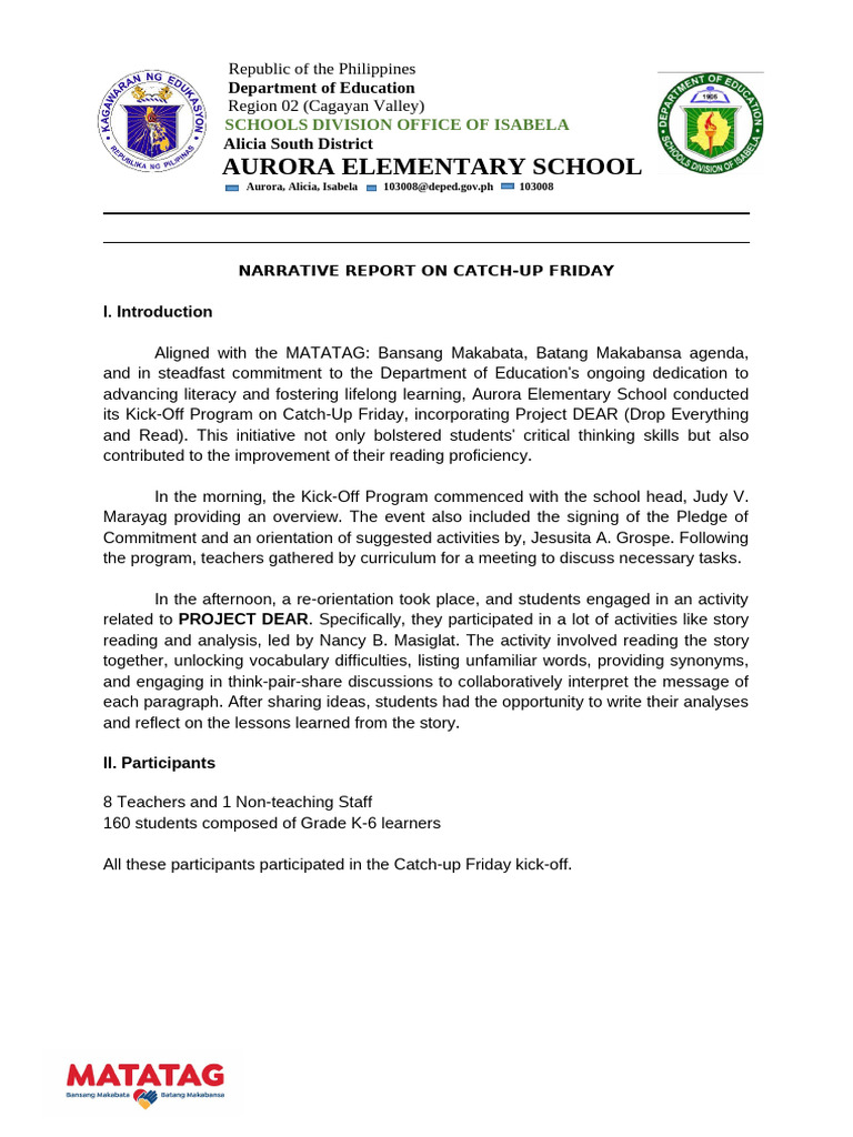 Catch-Up Friday Narrative Report | PDF | Behavior Modification | Cognition