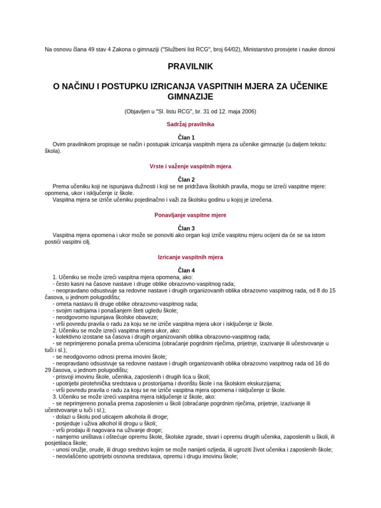 Pravilnik o Načinu I Postupku Izricanja Vaspitnih Mjera Za Učenike Gimnazije | PDF