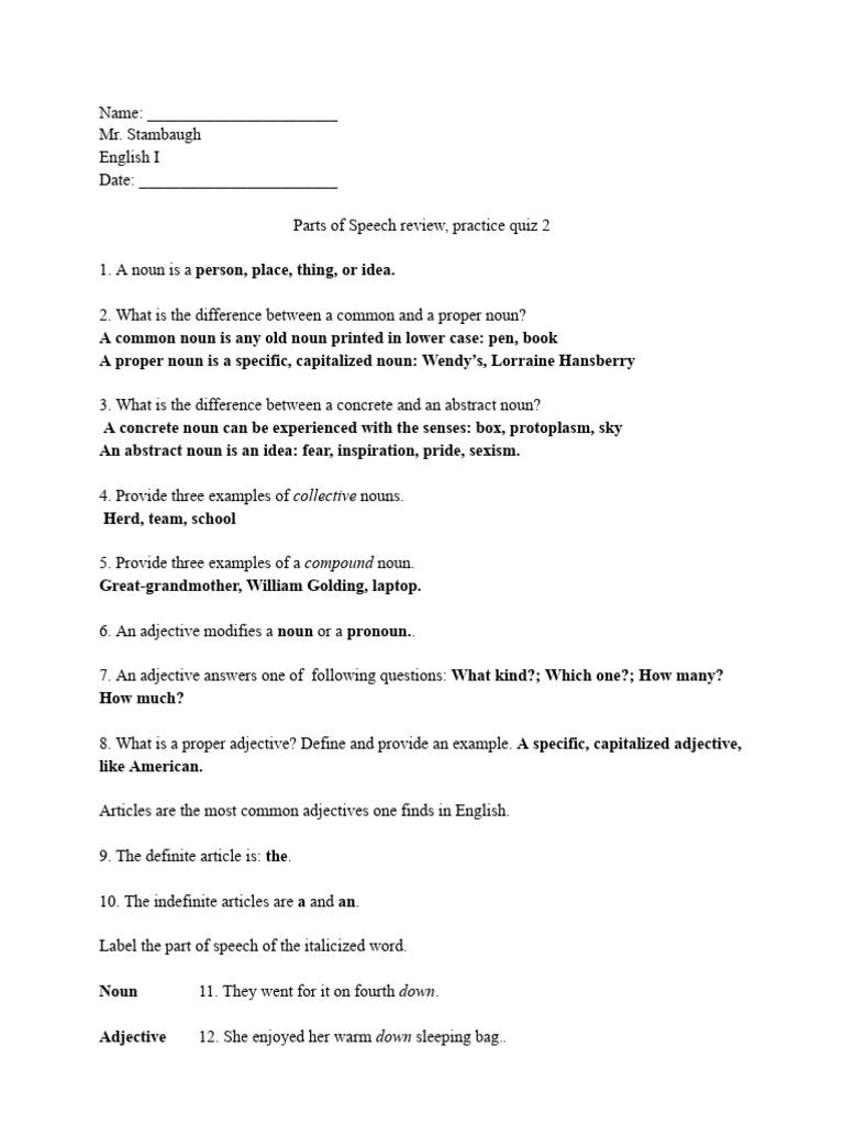 Parts of Speech Review Answer Key | PDF | Adverb | Part Of Speech