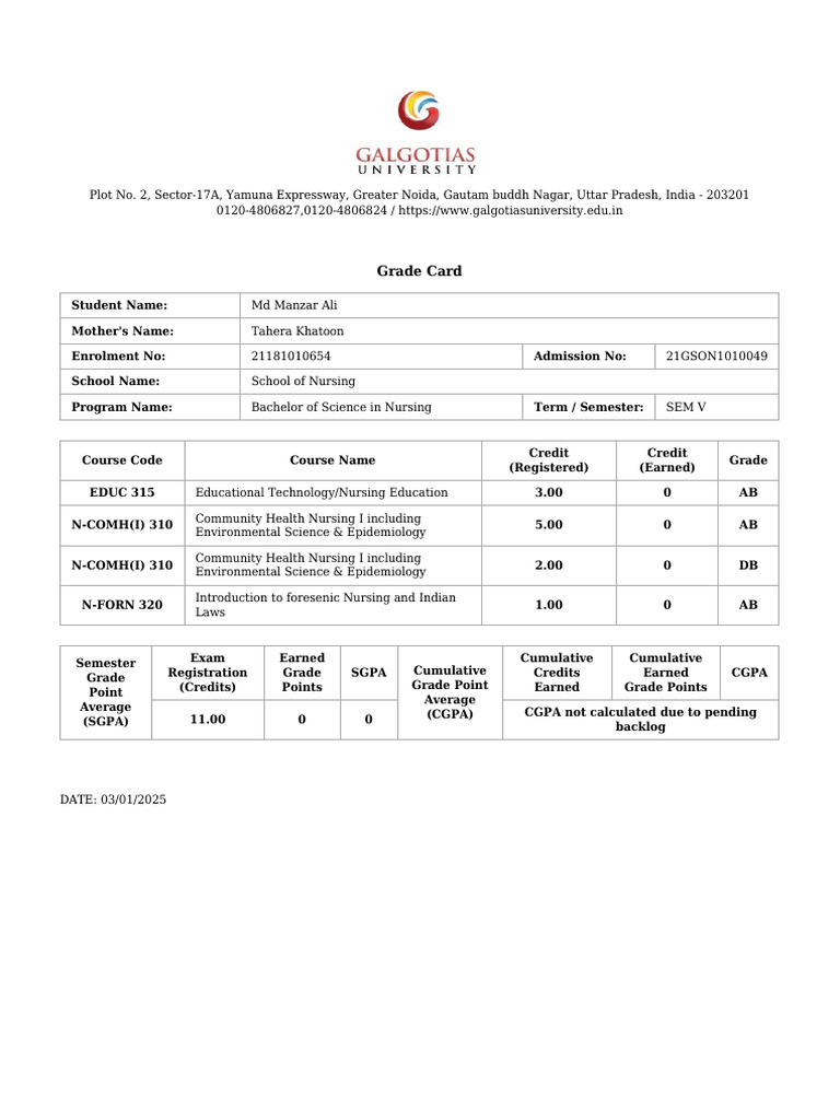 5th Sem Report Card | PDF