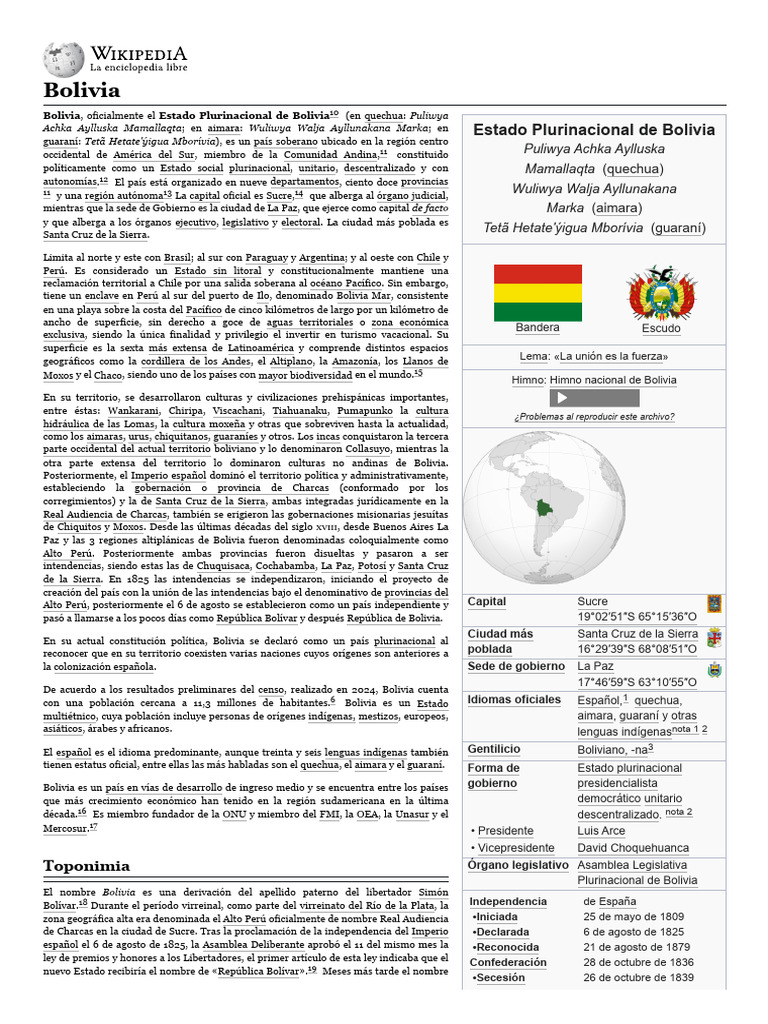 Bolivia - Wikipedia, la enciclopedia libre | PDF | Bolivia | América ...