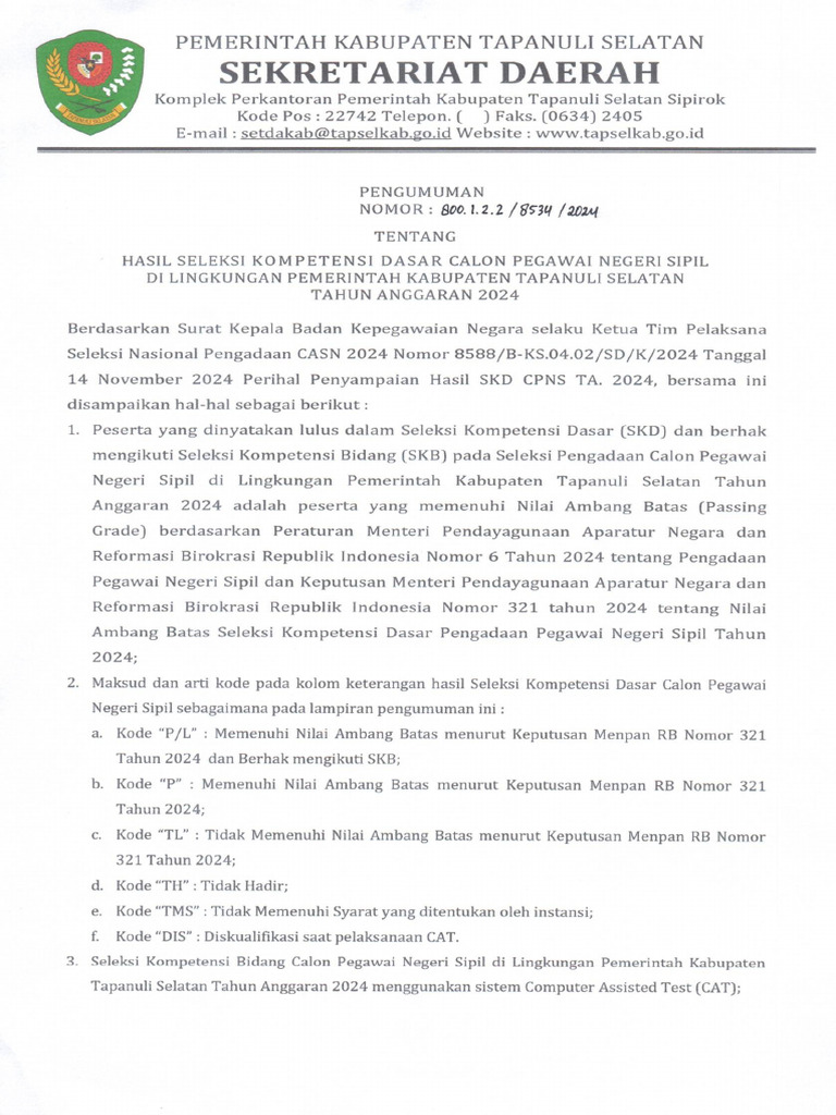 PENGUMUMAN SKD CPNS Tapsel 2024 | PDF