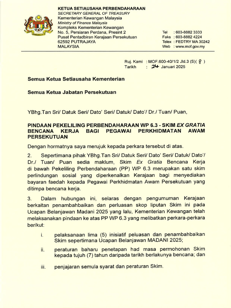 Surat Edaran Mof Pindaan Pekeliling WP 6.3 Sim Ex Gratia Bencana Kerja ...