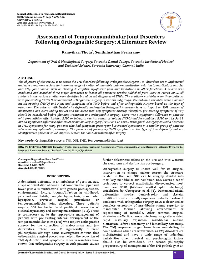 Assessment of Temporomandibular Joint Disorders Following Orthognathic ...