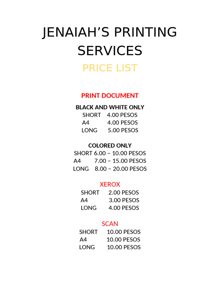 Jenaiah Printing Services Pricing | PDF