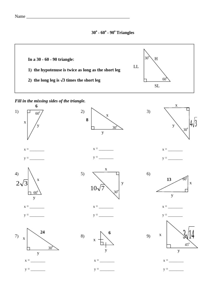 30 60 90 Triangles Worksheet | PDF | Elementary Mathematics | Euclid