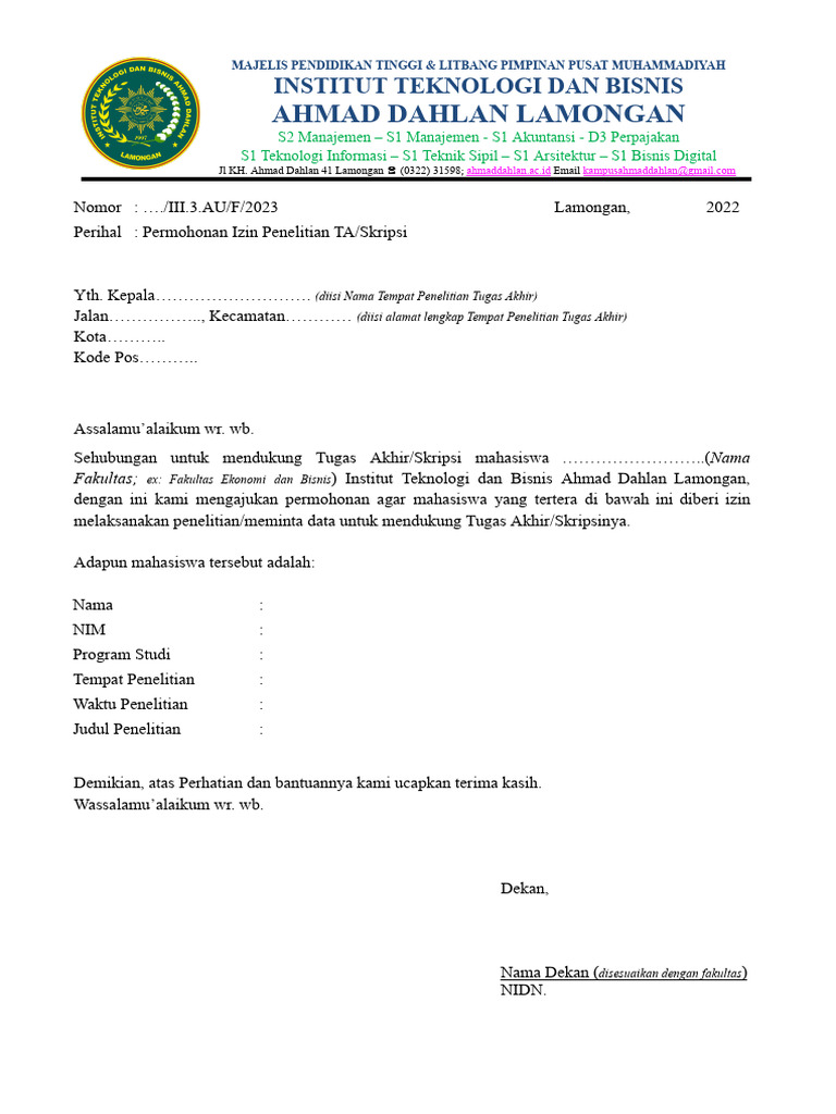 Template Surat Izin Penelitian Skripsi Keseluruhan | PDF