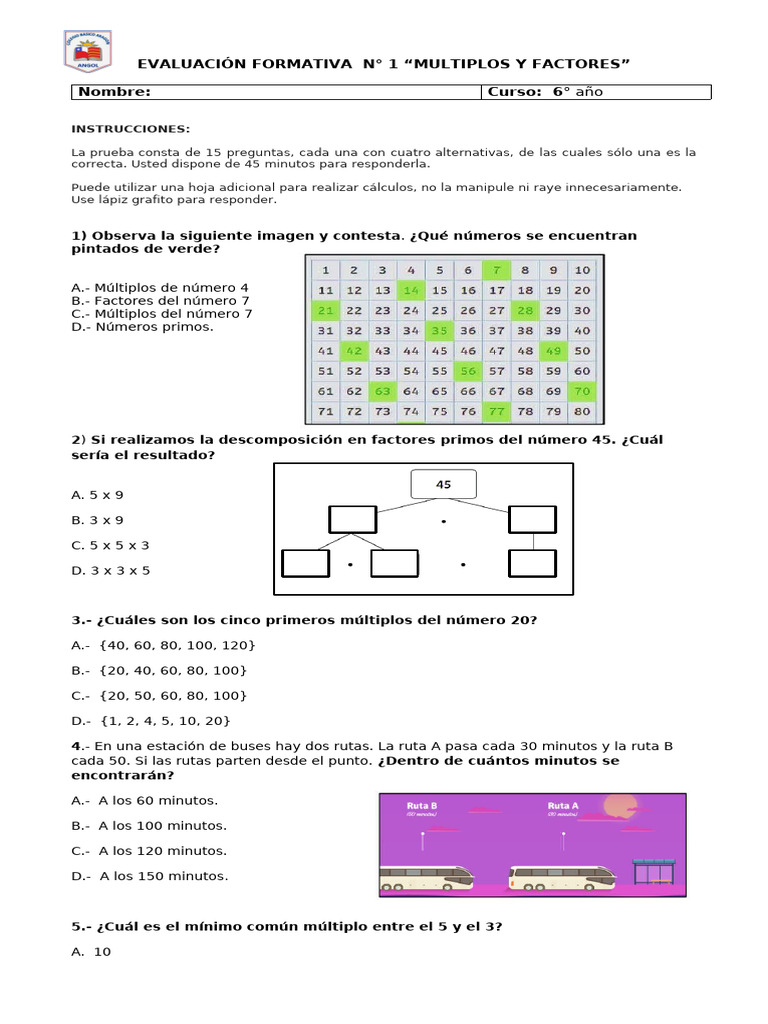 Evaluacion Formativa Multiplos - Factores - Divisores - MCM - Numeros ...
