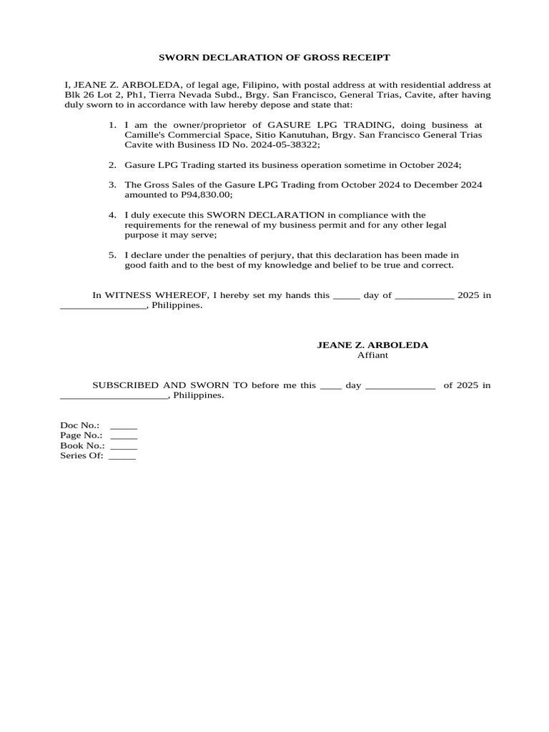 Sworn Declaration of Gross Receipts | PDF