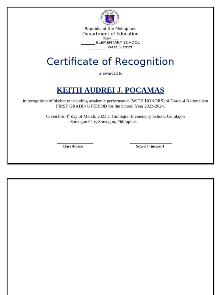 WITH HONORS CERTIFICATE-DepEd Format | PDF