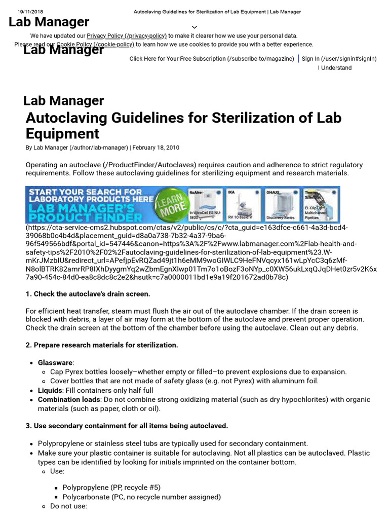 Autoclaving Guidelines for Lab Sterilization | PDF | Sterilization ...