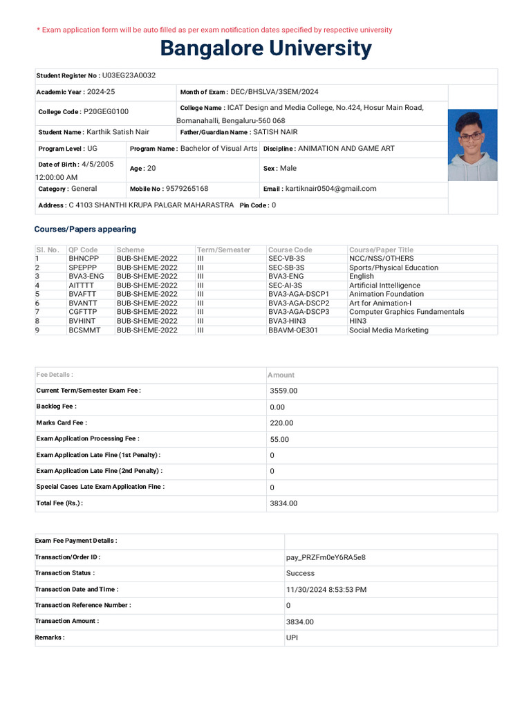 Karthik Nair Exam Fees 3rd Sem | PDF | Banking Technology | Payments