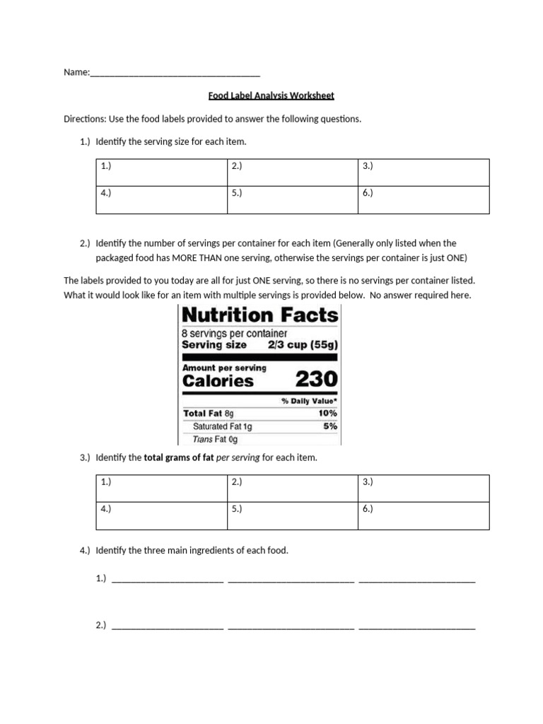 Food Label Analysis Worksheet Guide | PDF