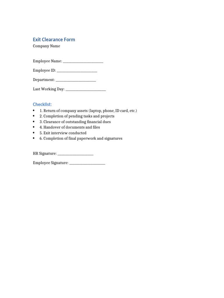 Exit Clearance Form Template | PDF