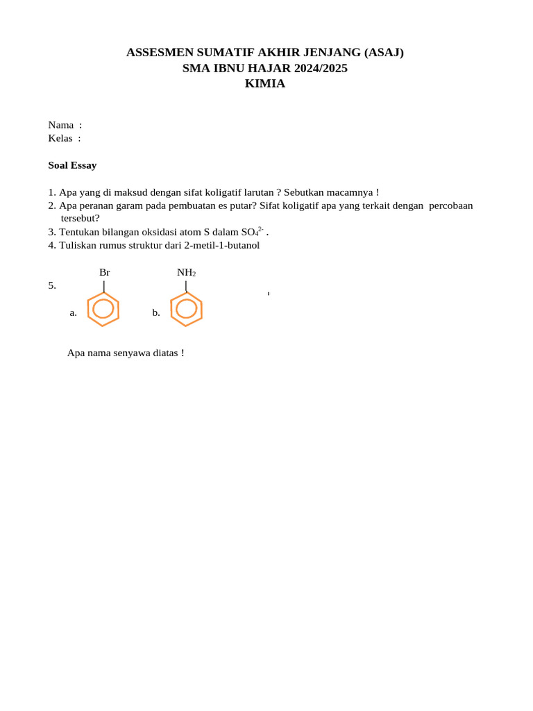 Soal Asaj Kimia Essay Xii 2025 | PDF