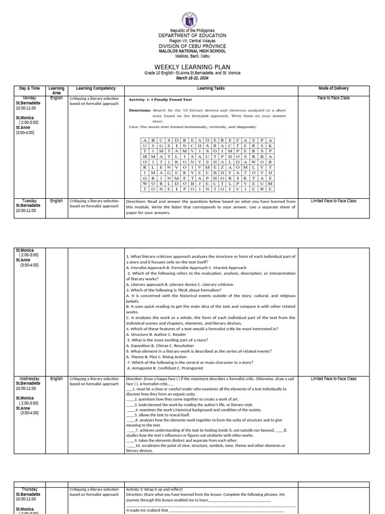 Weekly-Learning-Plan - W6 | PDF | Goal | Chronic Condition