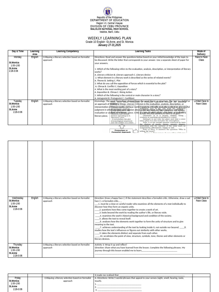 Weekly Learning Plan W5 | PDF | Infection | Goal