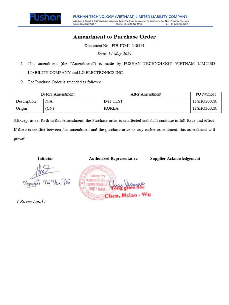 Purchase Order Amendment for Fushan | PDF