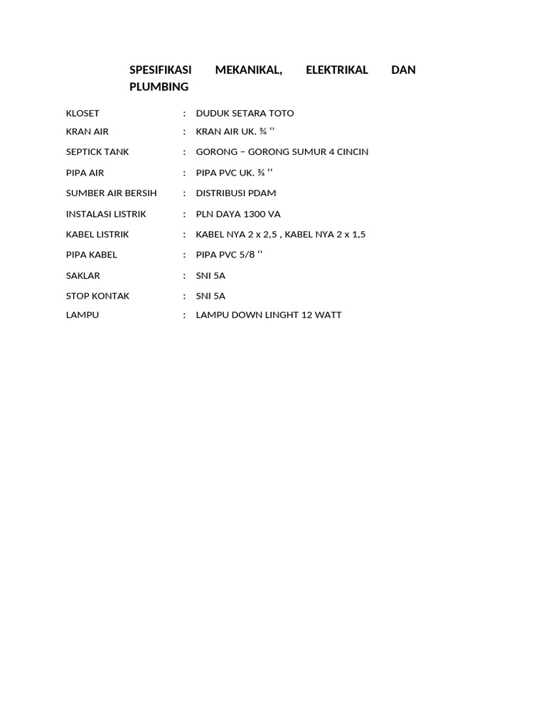 Spesifikasi Mekanikal, Elektrikal Dan Plambing | PDF