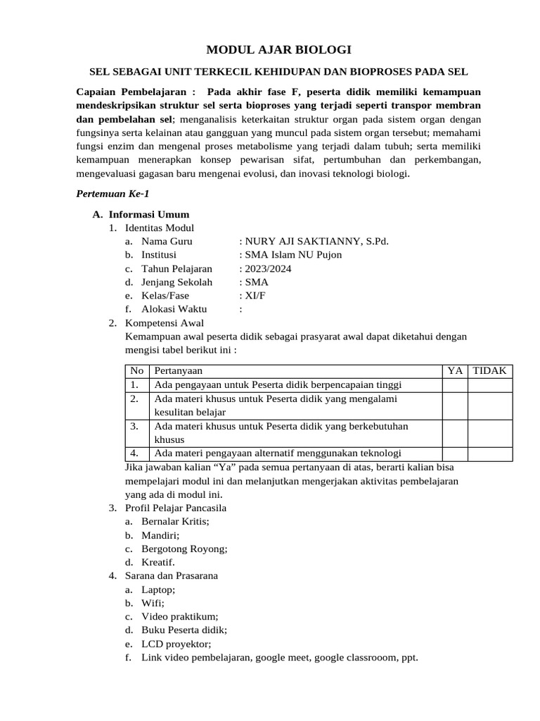 Modul Ajar Biologi Sel Dan Transpor Membran | PDF
