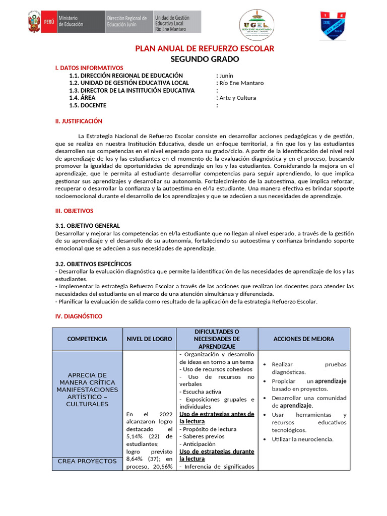 Plan Anual de Refuerzo Escolar 2do | PDF | Aprendizaje | Evaluación