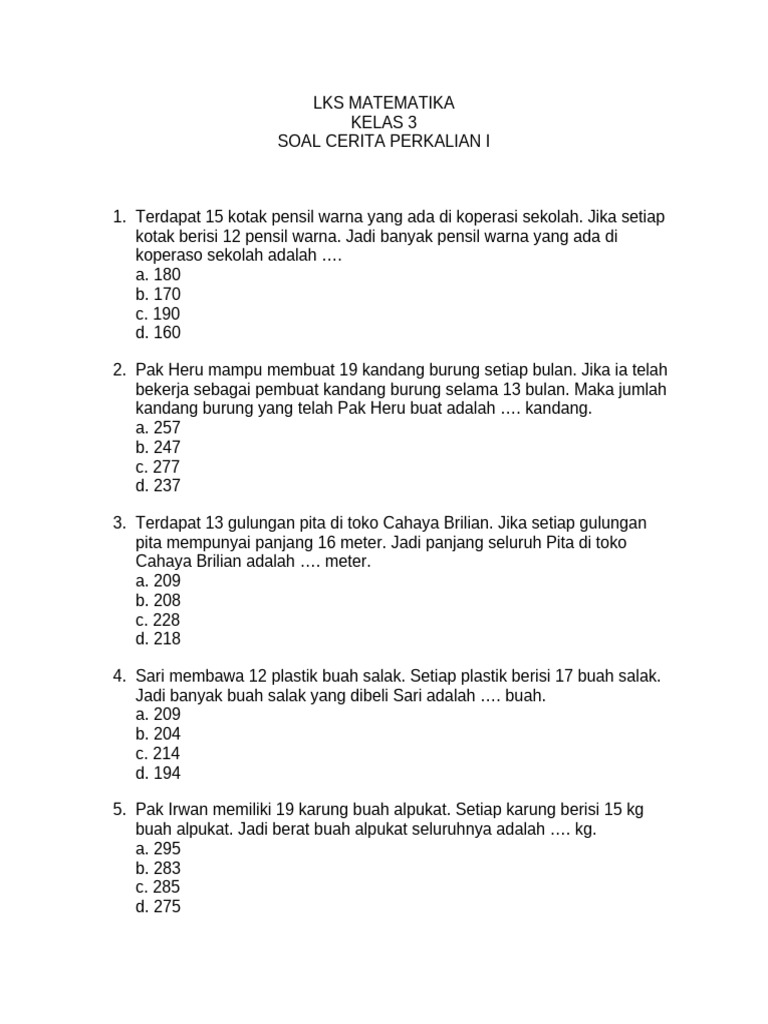 Soal Cerita Perkalian Kelas 3 SD | PDF