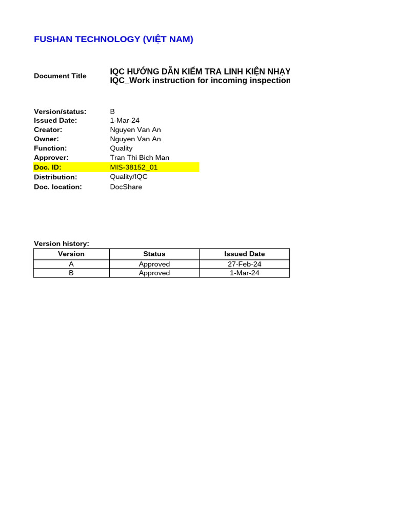 MIS-38152 - 01 IQC - Work Instruction For Incoming Inspection MSL ...
