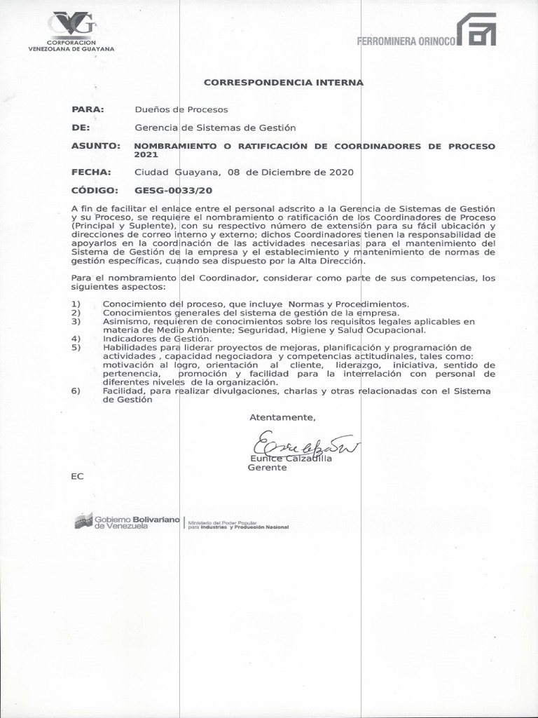 Gesg-0033-20 Nombramiento o Ratificacion de Coordinadores de Proceso 2021 | PDF