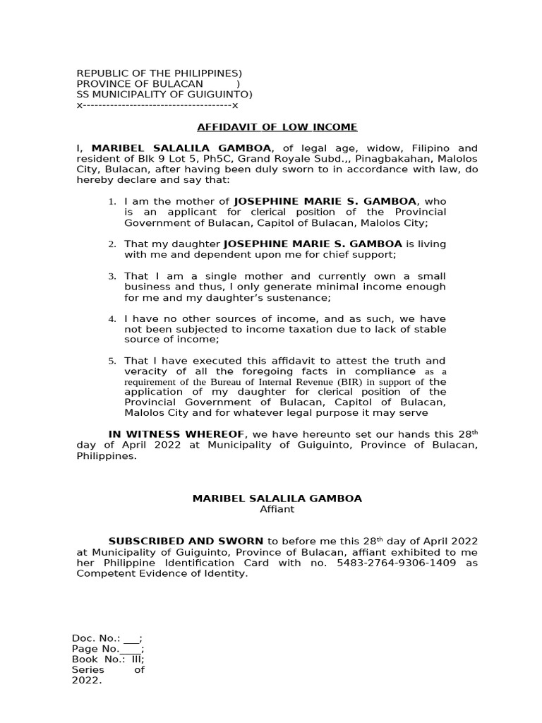Affidavit-Of-Low-Income-Maribel Gamboa | PDF