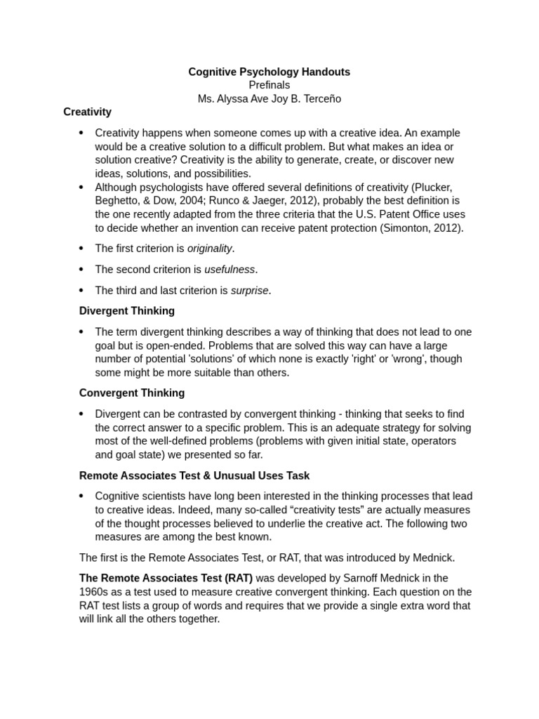 Cognitive Psychology Handouts - Prefinals | PDF | Perception | Experience